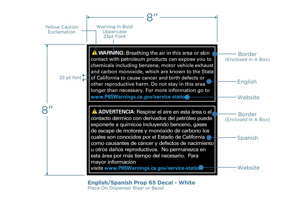 California Prop 65 Decals Service Station - English and Spanish